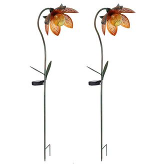 Globo Lighting Solarleuchte Blume Erdspieß Gartenstecker Solarblume gold grün Steckleuchte Blüte, Kugel Bruchglas amber, LED kaltweiß, LxBxH 25x15x90 cm, 2er Set
