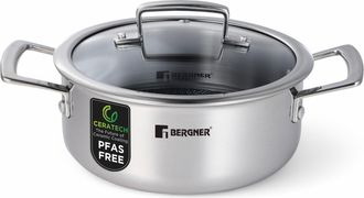 Bergner STEELBLUE | PFAS-Freier Tri-Ply Hybrid Kochtopf 24 cm mit Glasdeckel | CERATECH Keramikbeschichtung | Edelstahl | 3-lagig | induktionsgeeignet | Kratz