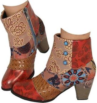 Generic Bottes bohèmes, bottes vintage pour femmes, bottines à talons hauts colorés en cuir coloré à bout rond, bottines tendance à talons hauts pour femmes, 