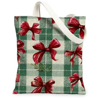 Generic Sacs fourre-tout en toile avec motif noeud de No&euml;l, sacs d&eacute;picerie r&eacute;utilisables pour les vacances, les courses, l&eacute;gers et lavables avec bandouli&egrave;re, 