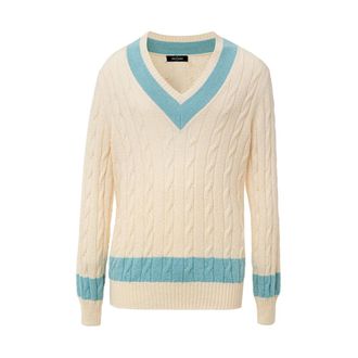 Gran Sasso Homme, Pulls, Blanc, Taille: XL Pull Blanc/Bleu &agrave; Col en V avec Torsade