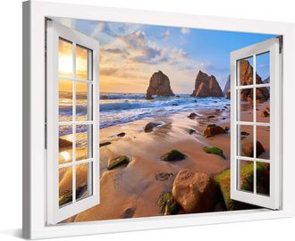 Picanova Bild auf Leinwand Meeresstrand mit Felsen Fenster 120x80cm - Leinwandbild - Premium Leinwanddruck - Wandbild Kunstdruck Auf 2cm Holz-Keilrahmen Wohnzi
