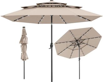 Costway Costway - Parasol de Patio Solaire de 313 cm avec 32 Lumi&egrave;res led, Toit A&eacute;r&eacute; &agrave; 3 Niveaux, R&eacute;glage dInclinaison, Manivelle Facile, 8 Barres, Beige