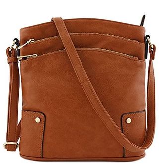 Alyssa Triple Zip Pocket Large Crossbody Bag (Tan)