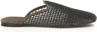 Brunello Cucinelli Femme, Chaussures, Gris, Taille: 37 EU Mules en Daim avec Broderie Pr&eacute;cieuse en Filet