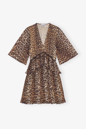 Ganni Robe mini en georgette pliss&eacute;e &agrave; imprim&eacute; l&eacute;opard avec encolure V et d&eacute;tails volants - Taille 32 Marron - Pour Femme