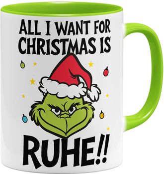 OM3 lustige Weihnachts Kaffee-Tasse mit Spruch - all I want for Christmas is RUHE - Keramik Becher - 325ml - Beidseitig Bedruckt - Hellgr&uuml;n