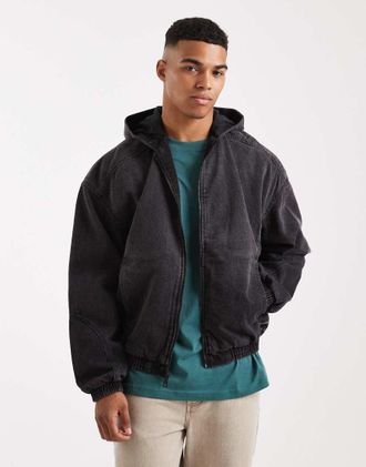 Hollister Bomber oversize en jean &agrave; capuche - Noir d&eacute;lav&eacute;-Gris