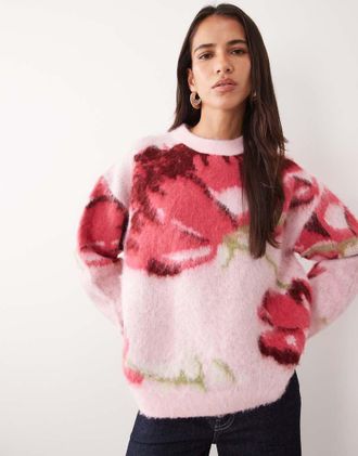 Asos pull col rond &agrave; fleurs bross&eacute; rose