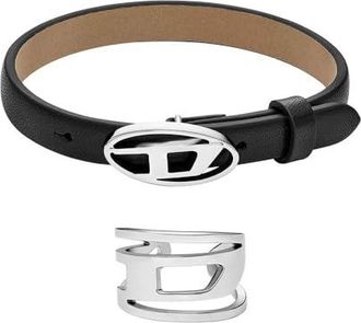 Diesel Bracelet en Cuir Noir Stackables et Boucles dOreilles en Acier Inoxydable Argenté, Set