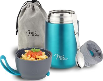Milu Thermobehälter für Essen 650ml, Edelstahl Warmhaltebehälter mit Löffel, Thermobecher Essen, Thermo Lunchbox für Kinder, Erwachsene, Thermobox Suppen, 