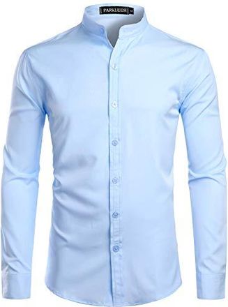 PARKLEES Chemise à manches longues pour homme - Couleur unie - Coupe ajustée - Facile à repasser - Col montant - Pour affaires - Loisirs, bleu clair, XXL