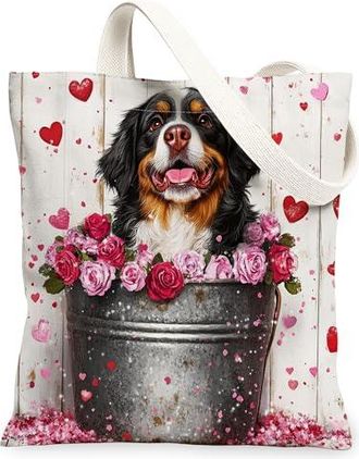 Generic Sac fourre-tout en toile pour faire du shopping - Motif chien de montagne bernois - 33 x 38 cm - Rose en bois - R&eacute;utilisable - Pour femme - D&eacute;coration