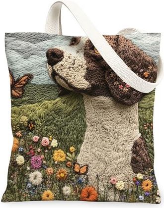 Generic Sac fourre-tout en toile &agrave; poil court allemand pour le shopping 33 x 38 cm, sac d&eacute;picerie r&eacute;utilisable &agrave; motif floral pour femme, peinture de chien, d