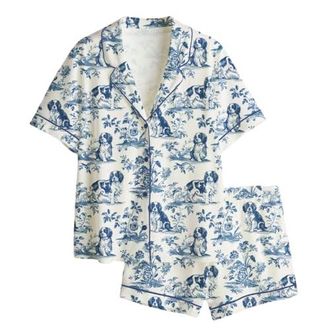 Generic Ensemble de pyjama 2 pièces pour femme, ensemble de pyjama boutonné en satin, short à manches courtes, motif animaux, Lot de 5, 3XL