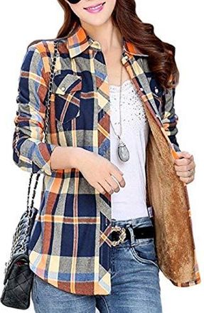 Lazutom Chemise dhiver chaude à manches longues doublée en polaire pour femme, Jaune/bleu, 38