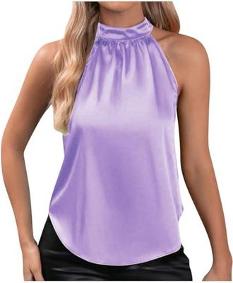 Generic Halterneck Top Satin Femme &Eacute;l&eacute;gant Grandes Tailles Mince Gilet Femme &Eacute;t&eacute; Sans Manches D&eacute;bardeur Ample T-shirts Sans Manches Camisole Tops A&eacute;r&eacute; D&eacute;barde