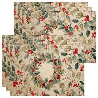 Generic Weihnachtliche Stechpalmenbeeren-Platzsets, Vintage-Blumen-Tischsets für Esstisch, Winterurlaub, rutschfest, waschbar, für drinnen und draußen, Küche,