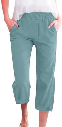 Generic Ydsxlp Pantalon d&eacute;t&eacute; en coton et lin pour femme - Couleur unie - Taille &eacute;lastique - Pantalon capri grande taille - Pantalon ample &agrave; jambe droite - Pan
