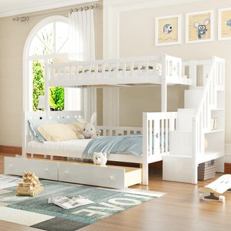 Generic Massivholz-Etagenbett mit integrierter Sicherheitsrutsche und Regal, große Schubladen, Lattenrost, stabiles Kiefernholz, multifunktional, platzsparend