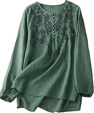 Generic Haut &agrave; manches longues d&eacute;contract&eacute; en coton et lin avec broderie florale vintage pour femme - Chemises chinoises d&eacute;t&eacute; boh&egrave;me confortables, vert milita