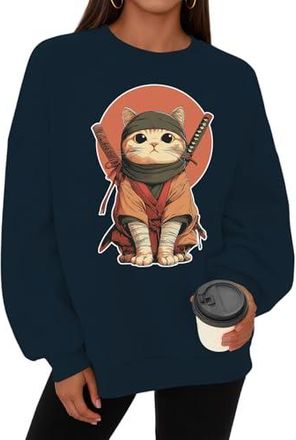 Generic Sweat-shirt surdimensionn&eacute; pour femme | Chandail surdimensionn&eacute; &agrave; col rond imprim&eacute; chat japonais, pull tendance, bleu marine, 3XL