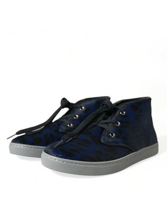 Dolce & Gabbana Mens Blue Calfskin Leopard Mid Top Sneakers Shoes Calf Leather Hair