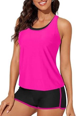 Bsubseach Maillot de bain tankini 3 pi&egrave;ces pour femme, maillot de bain athl&eacute;tique, d&eacute;bardeur modeste avec soutien-gorge de sport, rose, XL