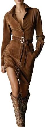 Generic Robe en daim &agrave; manches longues pour femme, style vintage, moulante, &eacute;l&eacute;gante, cowgirl occidentale, automne et hiver, tenue r&eacute;tro en su&eacute;dine, tenue de 