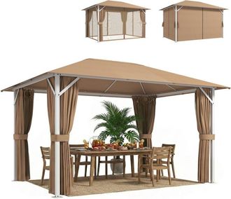 OUTSUNNY Tonnelle de jardin - pavillon - structure stable en m&eacute;tal 60mm UV50+ et 10 trous de drainage - polyester - 394x294x255cm - khaki