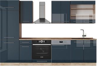 Vicco Küchenzeile Fame-Line, Dunkelblau Hochglanz/Goldkraft Eiche, 300 cm, AP Eiche