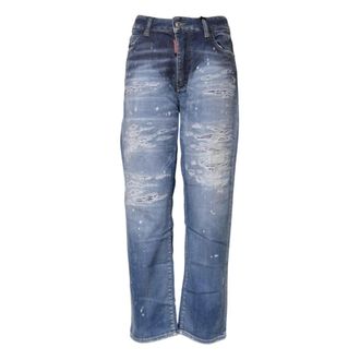 Dsquared2 Tattered Cotton Mid Waist Straight Denim Jeans - - Jeans - Damen - Blau - XS