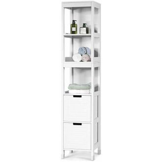 Costway Hochschrank mit 2 Schubladen, Badhochschrank Badezimmerhochschrank Badschrank, Badezimmerschrank Holz, weiss