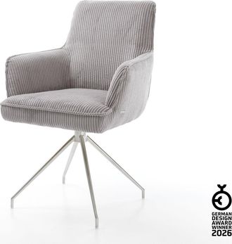 DELIFE Drehstuhl Heira-Flex mit Armlehnen Cord Silbergrau Kreuzgestell konisch Edelstahl 180&deg; drehbar Taschenfederkern, Esszimmerst&uuml;hle