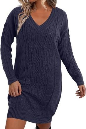 Generico WAZHAKU Robe pull en tricot pour femme - Longue - Col en V - Col en V - Pull long - Pull &agrave; manches longues - T-shirt de loisirs - Robe midi confortabl