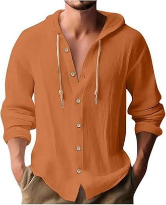 Generic Chemise &agrave; capuche d&eacute;contract&eacute;e &agrave; manches longues pour homme, chemise &agrave; capuche en coton et lin pour homme, chemise essentielle confortable, polyvalent