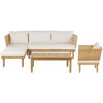 Beliani Lounge Set mit Tisch 4-Sitzer CREMONA rechtsseitig Akazienholz Cremewei&szlig;