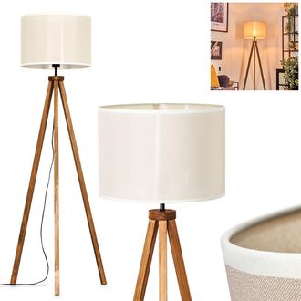 HOFSTEIN Stehleuchte Bassagoda, Stehlampe aus Holz/Stoff in Naturfarben/Beige, Leuchte im skandinavischen Design mit rundem Schirm (Ø 40 cm) u. Fußschalter, Hö