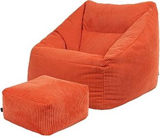 Icon Brand Natalia Sitzsack Sessel mit Hocker f&uuml;r Erwachsene, Orange, Flauschiger Cord Stoff, Riesen Sitzsack Cord mit F&uuml;llung, Bean Bag Chair, Bequemer Sessel W