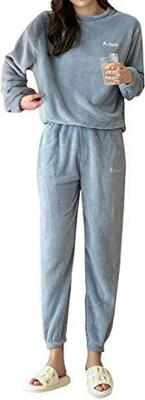 Minetom Femme Pyjama Ensemble Hiver Manche Longue Chaud Doux Toison Polaire Vêtements de Nuit Intérieur Deux Pièces Tops et Pantalon A Bleu 40