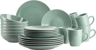 Mäser 931845 Serie Elissa Modernes Geschirr Set für 6 Personen in Grün mit weißem Rand, 24-teiliges Kombiservice, Steinzeug