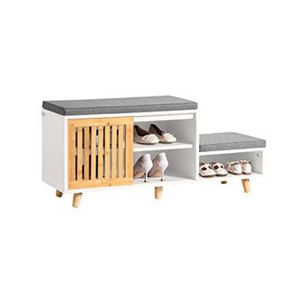 SoBuy Banc de Rangement Banc à Chaussures avec Coussins Rembourrés Meuble Bas Entrée sur Pieds avec 1 Porte Coulissante et 3 Compartiments pour Entrée, Salo