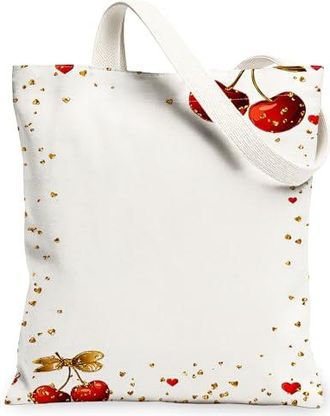Generic Sacs fourre-tout en toile motif cerises en forme de coeur, sacs d&eacute;picerie r&eacute;utilisables, pour la Saint-Valentin, toile l&eacute;g&egrave;re et lavable pour les voya