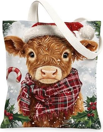 Generic Sacs fourre-tout en toile de vache de No&euml;l, motif animal mignon, sacs d&eacute;picerie, sacs d&eacute;picerie r&eacute;utilisables, rustiques, l&eacute;gers, lavables &agrave; l&eacute;paule S