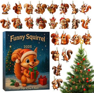 Generico Funny Weihnachts-Eichh&ouml;rnchen Adventt Calendar 2025, 24-Tage-2D-Acryl, Squirrel, Weihnachten, Countdown Kalender | 2D-Anh&auml;nger Ornamente f&uuml;r Freunde, 