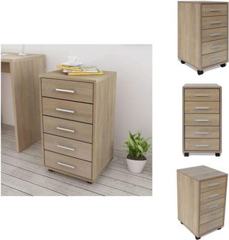 vidaXL B&uuml;roschubladenschrank auf Rollen 5 Schubladen Eiche - B&uuml;roschubladenschrank - Schreibtischschrank - Rollcontainer - Aktenvernichter - Aufbewahrungsbox