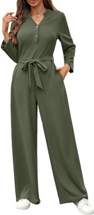Onsoyours Femme Combinaison Casual Loose Salopette Élégant Manches Longues Boutonné Playsuit Taille Haute Jumpsuit Avec Poche Ceinture A Armée Verte S