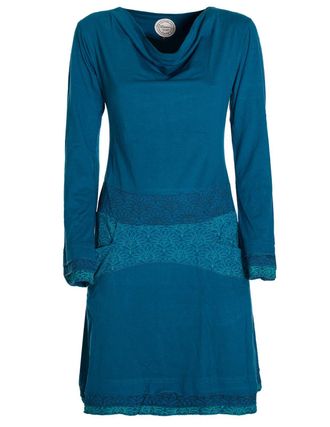 vishes Alternative Bekleidung - Langarm Damen Kleid mit Wasserfallkragen Bund Bedruckt Taschen t&uuml;rkis 36