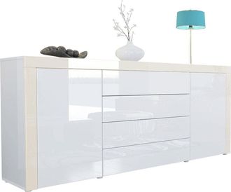 Vladon Sideboard Kommode La Paz, Made in Germany, Korpus in Weiß Hochglanz/Front in Weiß Hochglanz mit Rahmen in Creme Hochglanz