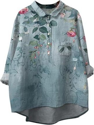 Generic Chemisier pour Femmes Coton Lin Chic Et Elegant De Loisirs Chemisiers Et Blouses D&eacute;t&eacute; Manche Longues Et Col en V L&acirc;che Tops L&eacute;g&egrave;re Confortable Tunic M